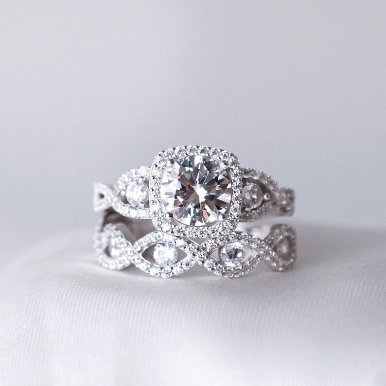 Crossover Infinity Band Bridal Set Art Deco Halo Engagement - Etsy