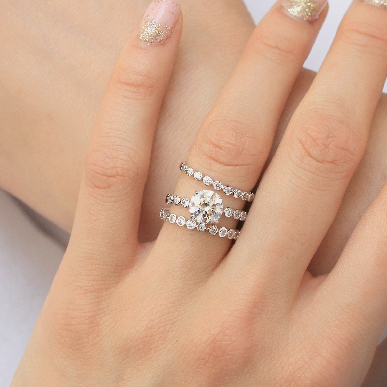 Bezel Ring Bridal Set Three Piece Wedding Ring Set Bezel - Etsy