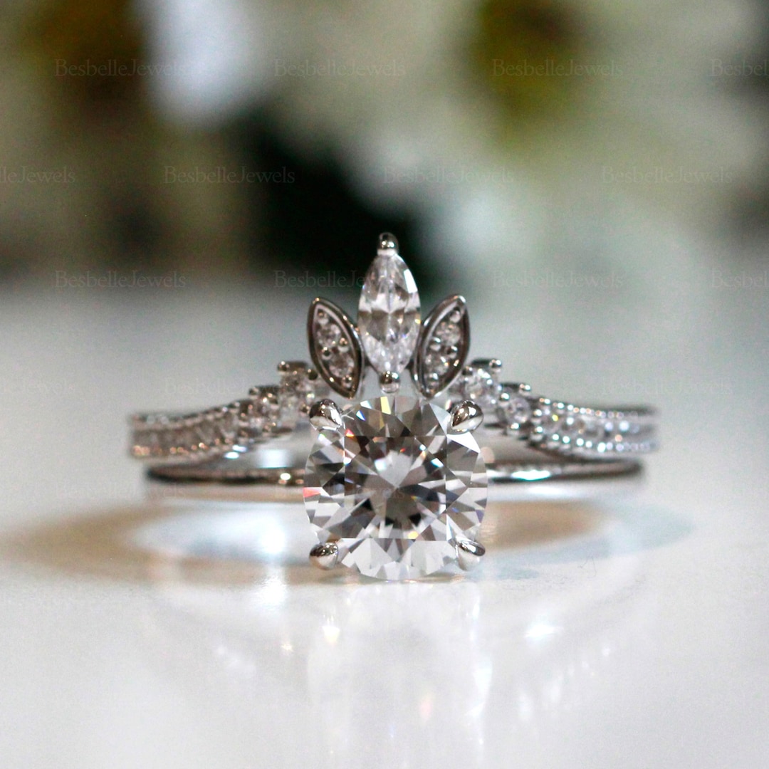 Tiara W/ Round Solitaire Bridal Ring Set - Brilliant Cut Engagement ...