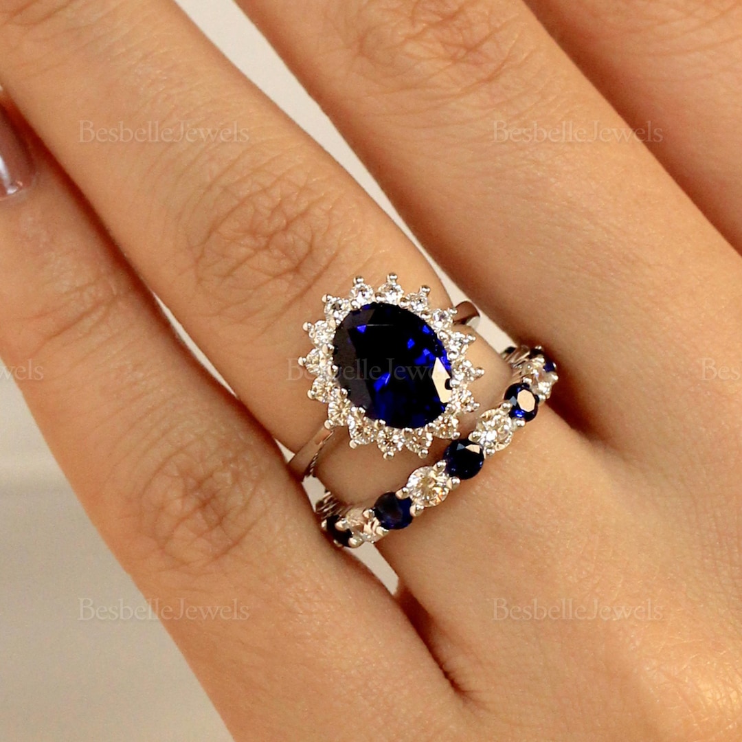 Ocean Blue Ring Set - Mix Color Halo Bridal Set Ring - Blue Oval Cut ...