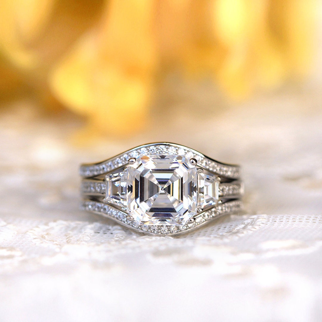 Asscher Curve Three Ring Bridal Set Art Deco Wedding Jewelry Set Unique ...