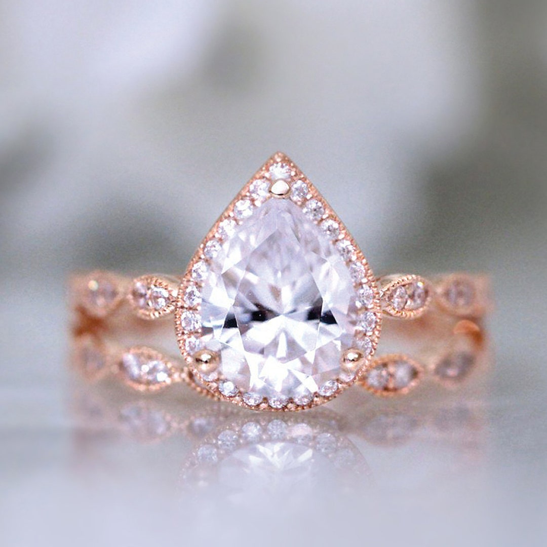 Pear Cut Bridal Set Art Deco Wedding Ring Set Pear Cut Jewelry Set ...