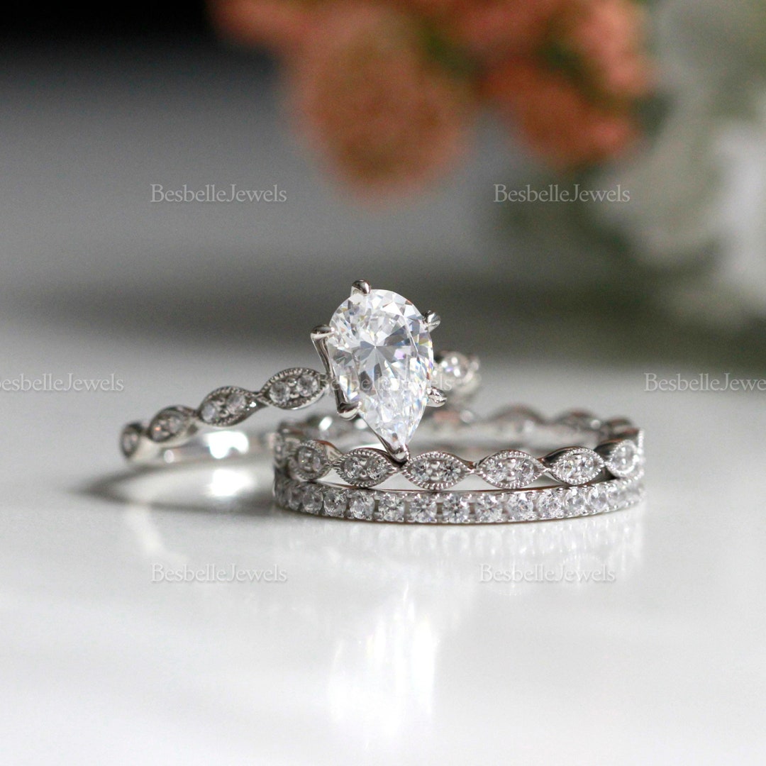 Anton Pear Pavé Mix Matched Ring Set - Pear Cut Engagement Ring Set ...