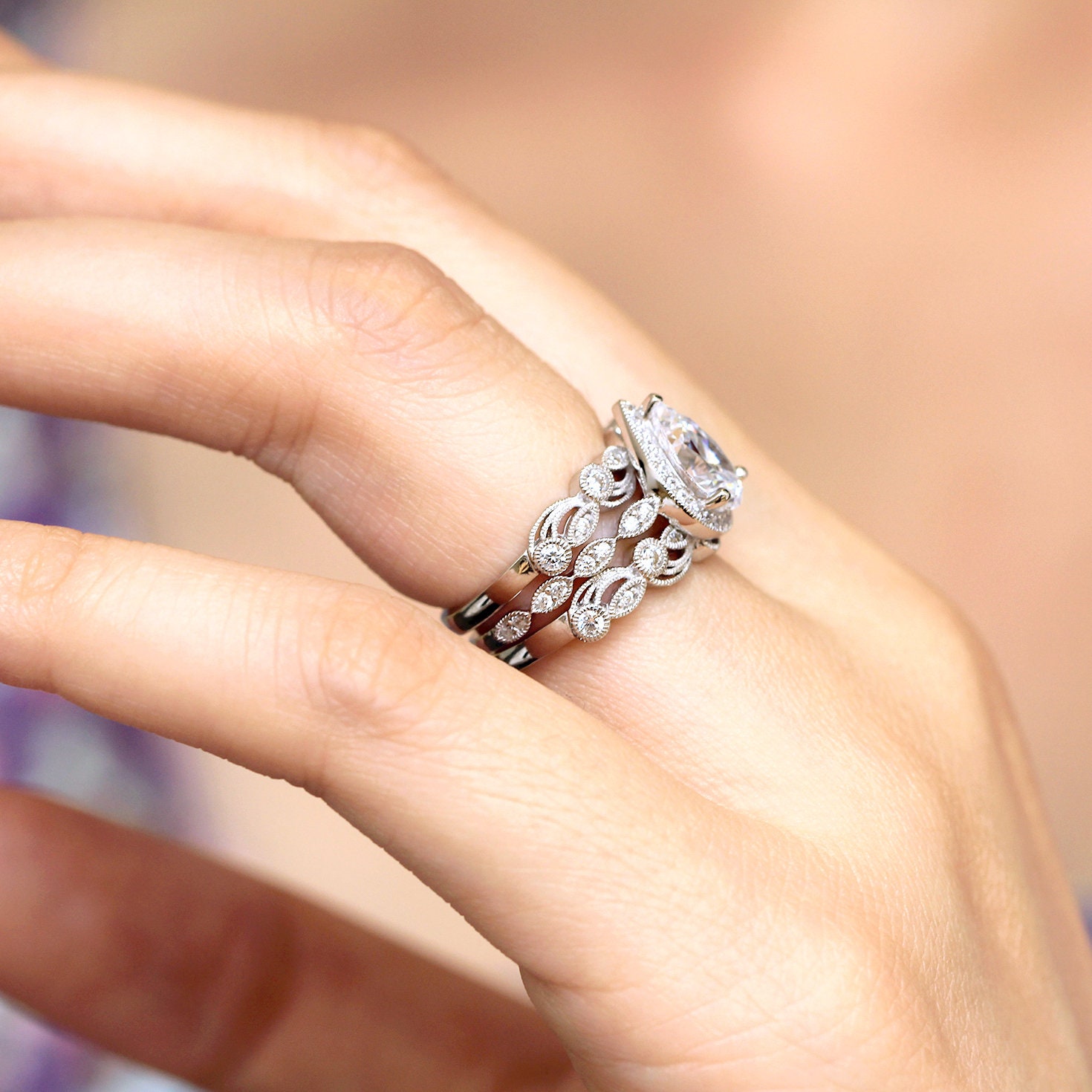 Nature Vintage Engagement Ring Set Three Ring Set Bundle - Etsy