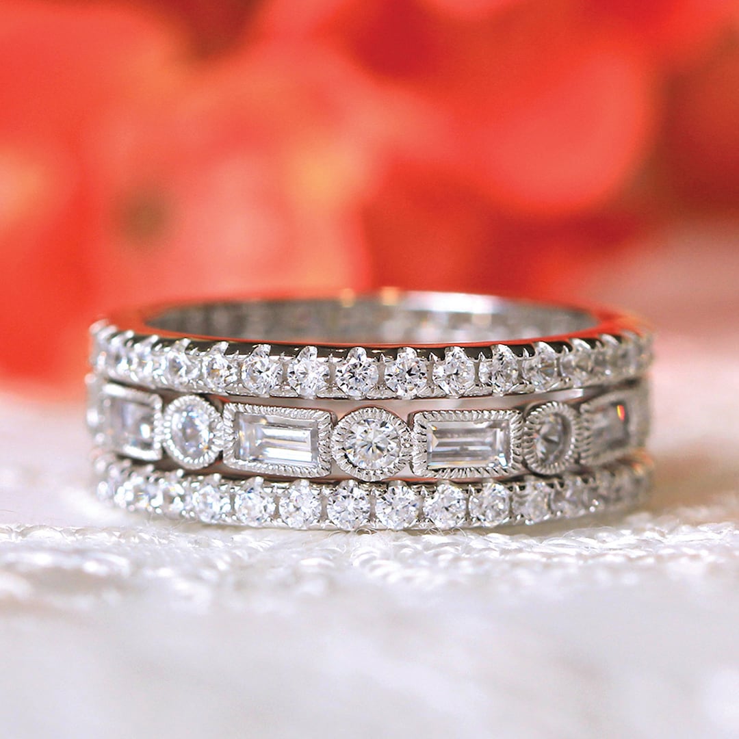 Unique Baguette Eternity Band Stack - Stackable Baguette Ring - Round ...