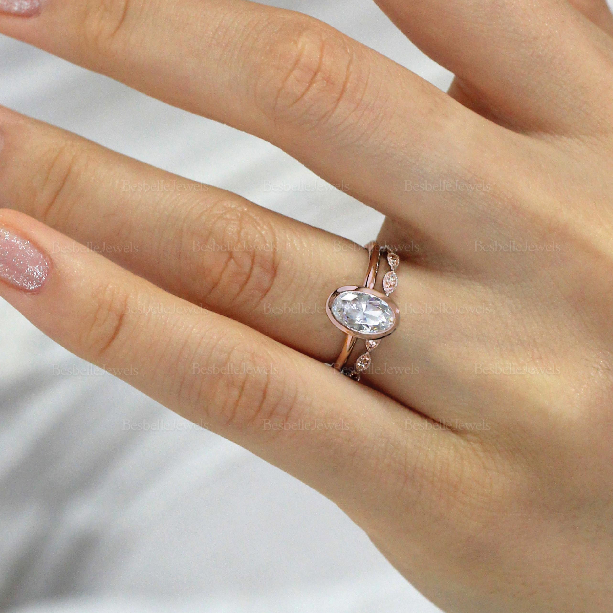 Oval Bezel Solitaire Ring Set / Oval Cut Engagement Ring W/ Art Deco ...
