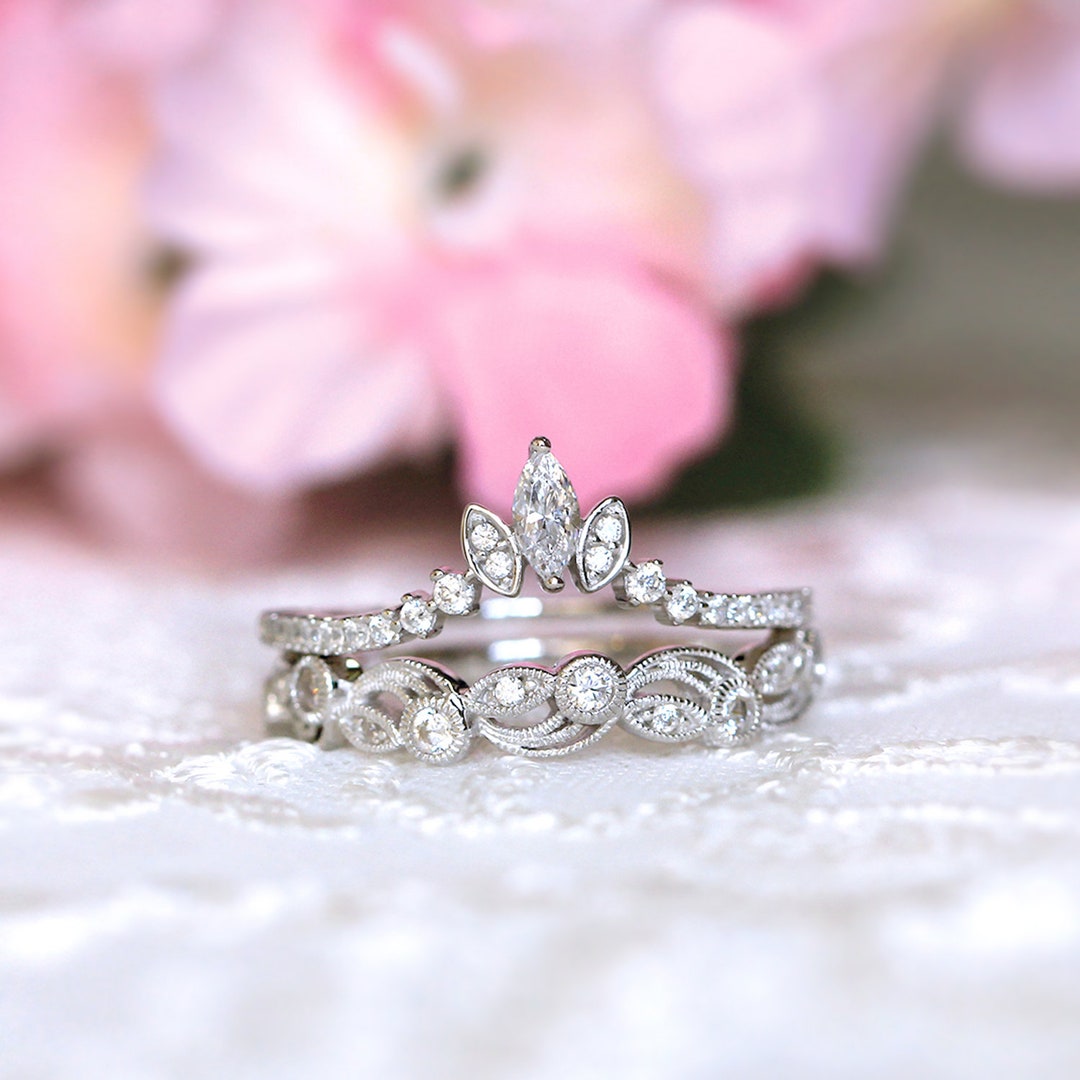 Tiara Curve & Vine Wedding Ring Set Art Deco Ring Stack Set Stackable ...