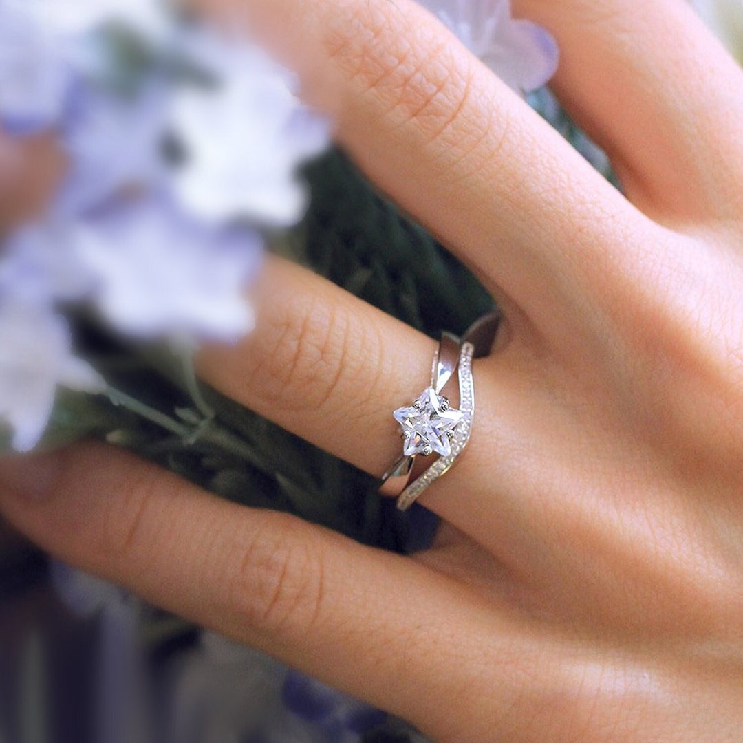 Solitaire Star Bridal Set Ring Star Cut Diamond Engagement Ring W ...