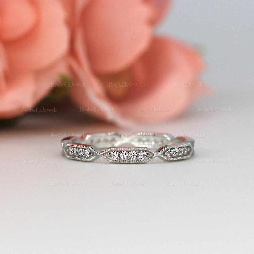 Eternahex Ring, Milgrain Art Deco Full Eternity Wedding Ring, Round ...
