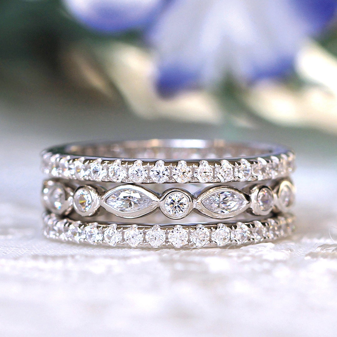 Marquise & Dot Bezel Ring Stack - Brilliant Pave Eternity Stackable ...