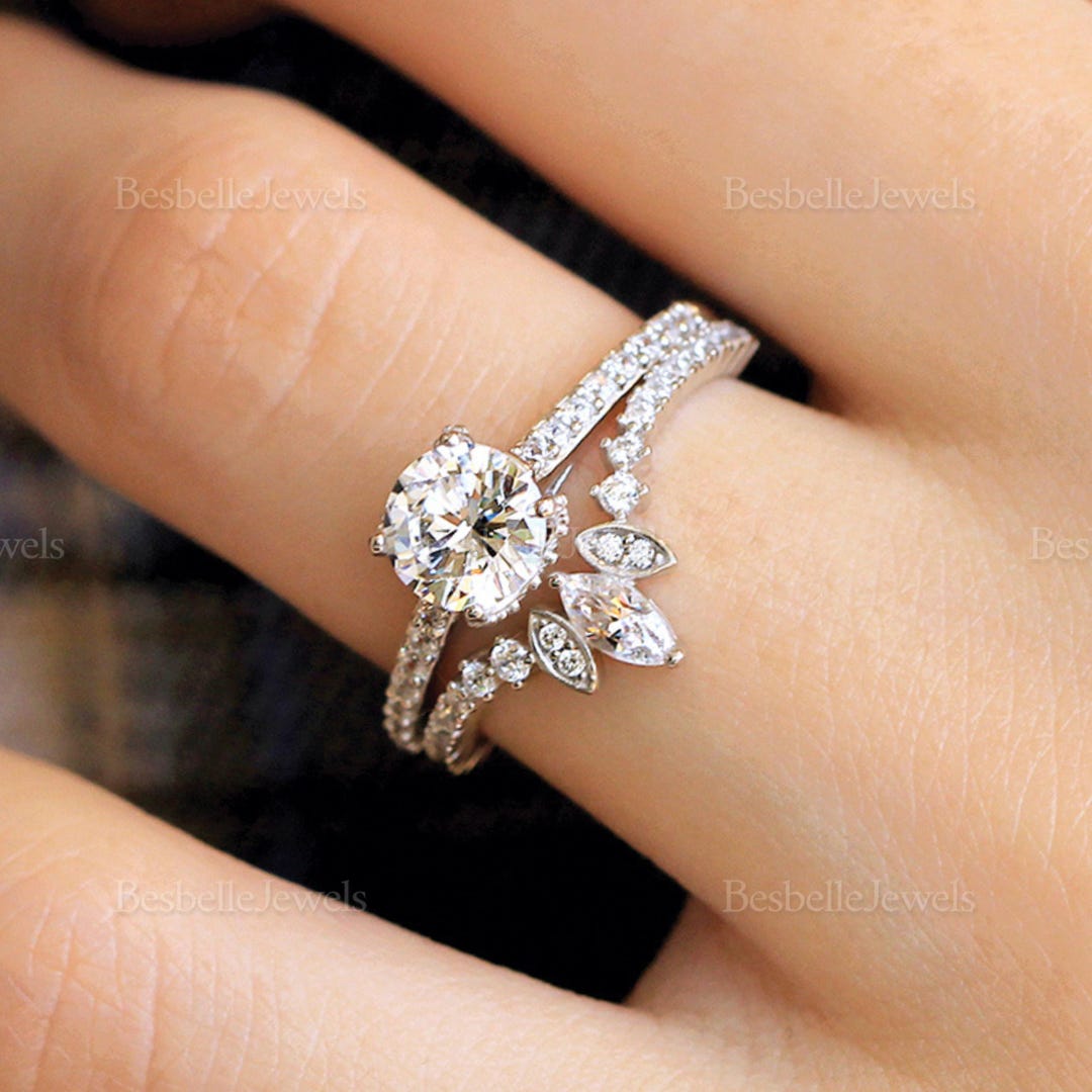 Silver Solitaire Bridal Set Engagement Ring - Curved Tiara Wedding Ring ...