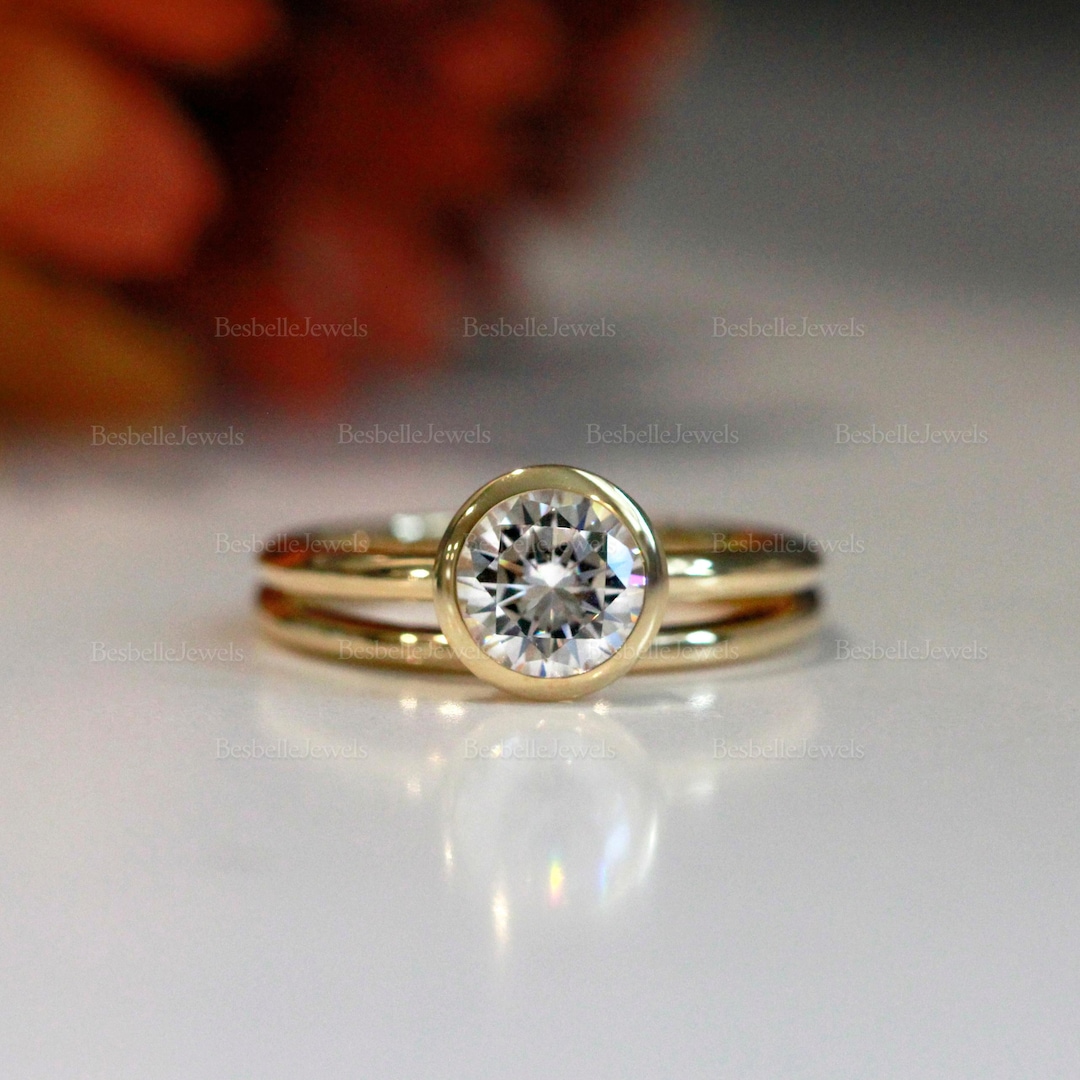 Round Bezel Bridal Ring Set / Round Cut Solitaire Ring W/ Plain Wedding ...