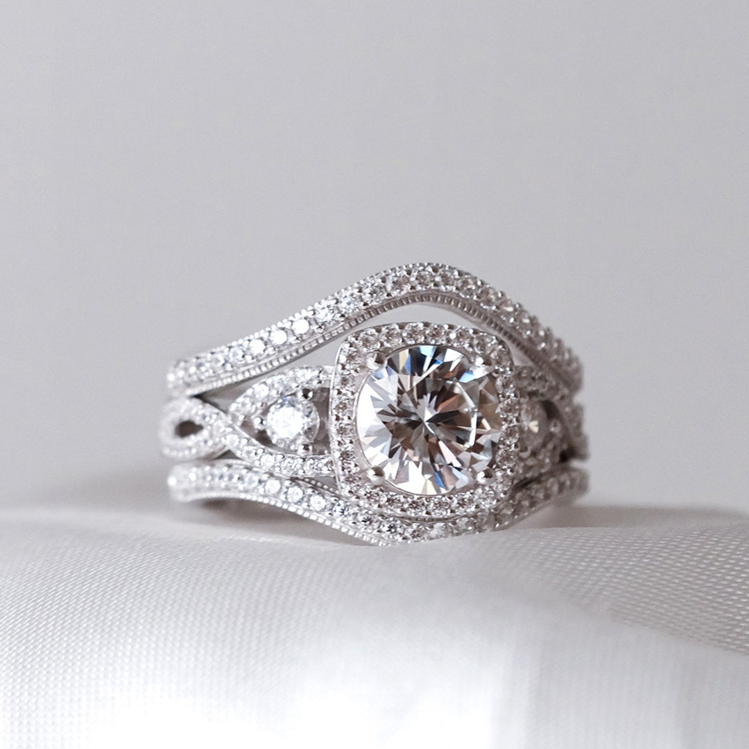 Ice Emma Three Piece Ring Set Triple Diamond Engagement Ring Bridal ...