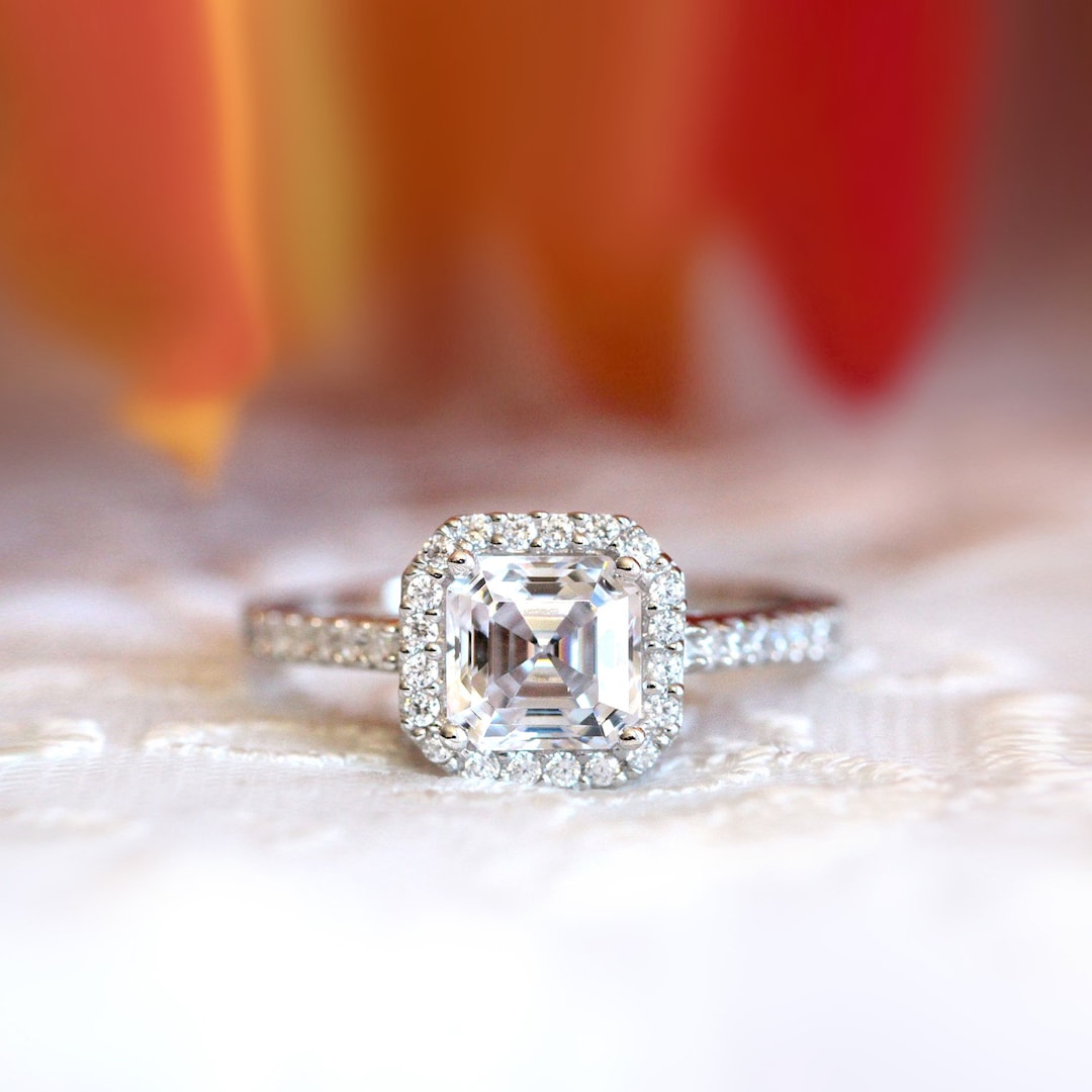 Asscher Cut Halo Engagement Ring Diamond Center Ring Square Asscher Cut ...