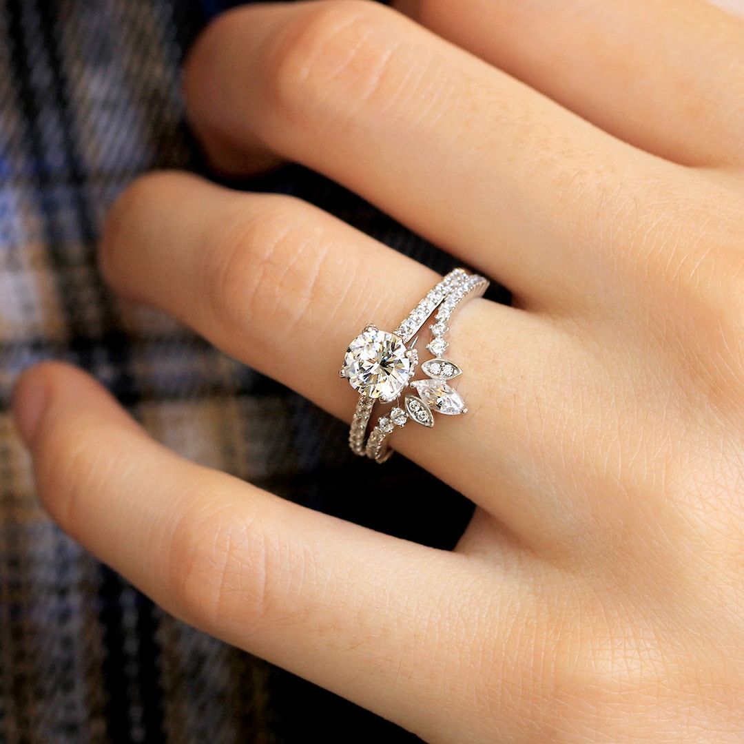 Silver Solitaire Bridal Set Engagement Ring Curved Tiara - Etsy