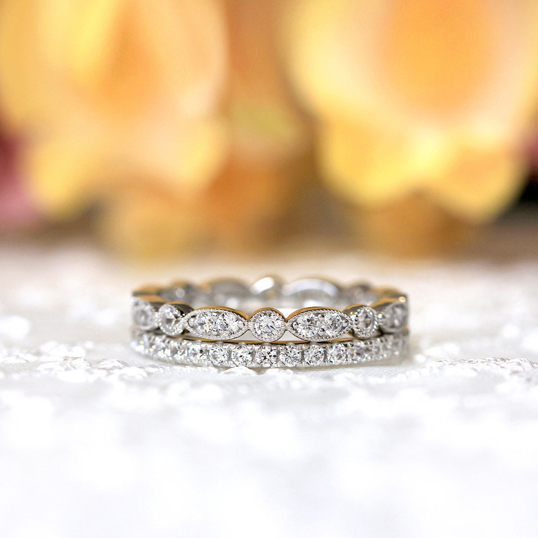 Milgrain Art Deco & 4x4 Prong Pave Eternity Ring Set Stackable Brilliant Cut Diamond Eternity ...