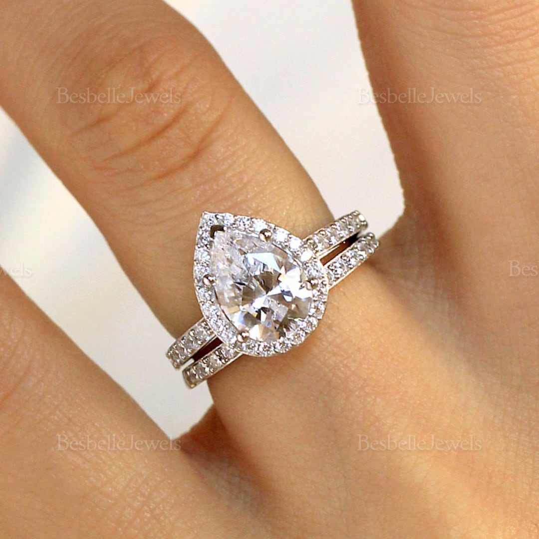 Soft Pear Cut Bridal Set - Dainty Wedding Engagement Ring Set - Two ...