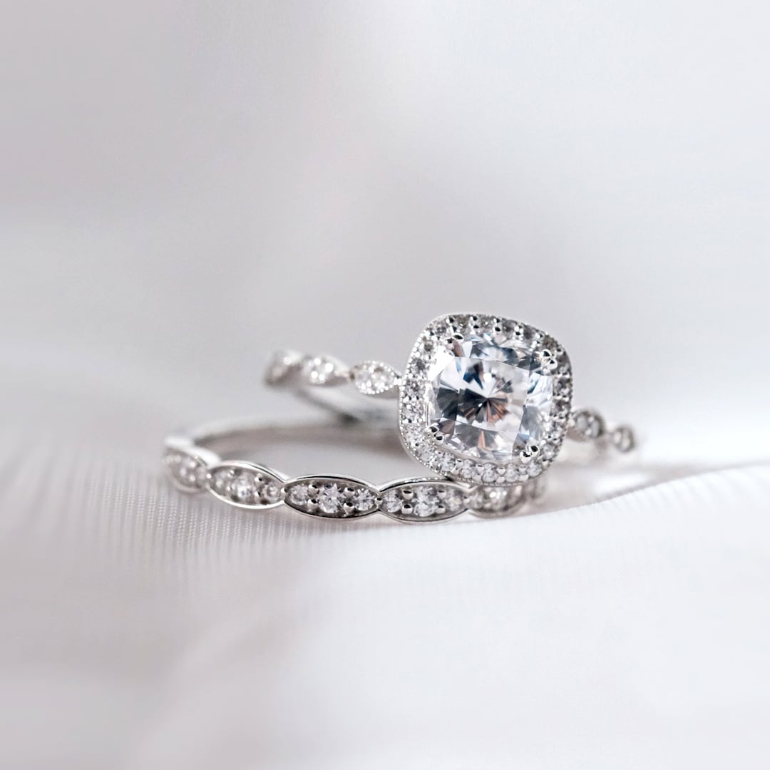 Cushion Cut Halo Art Deco Bridal Set Cushion Engagement Ring Set Dainty ...