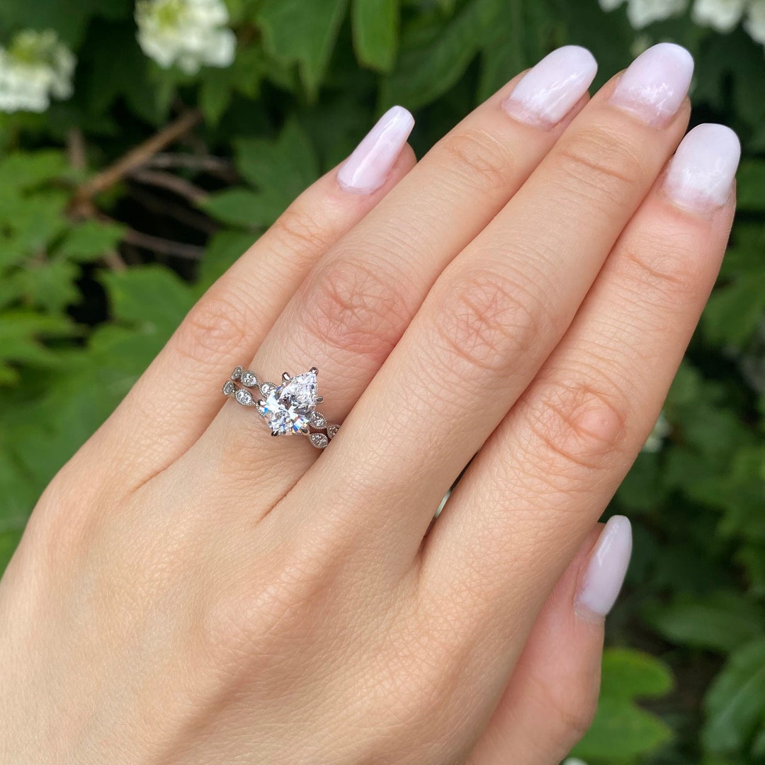 Anton Pear Art Deco Ring Set Pear Cut Diamond Engagement Ring Set ...