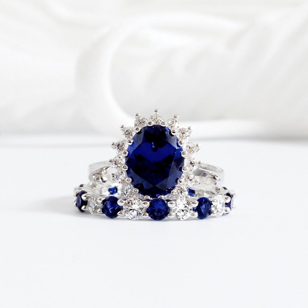 Ocean Blue Ring Set Mix Color CZ Diamond Halo Bridal Set Ring Blue Oval ...