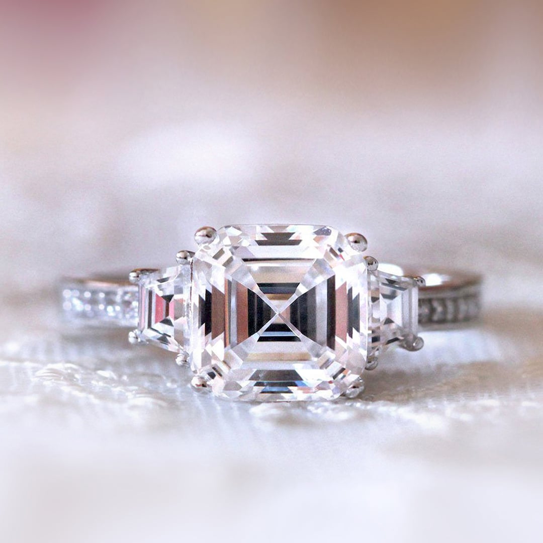 Three Stone Asscher Cut Diamond Ring Asscher Cut Engagement Ring Dainty CZ Diamond Asscher Cut ...