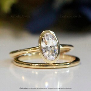 Oval Bezel Bridal Ring Set Brilliant Cut CZ Diamond Solitaire Ring W ...