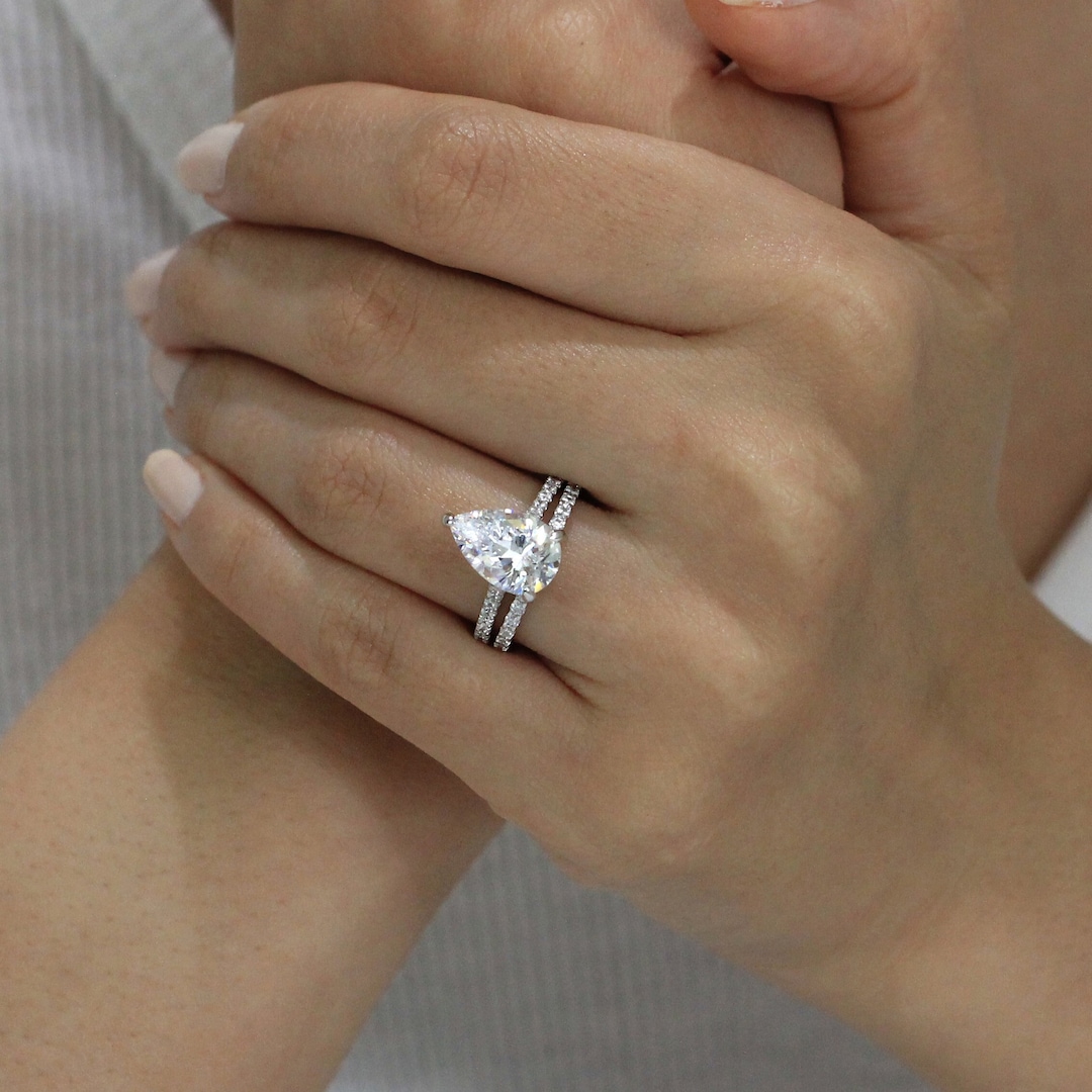 Pear Shaped Bridal Set Ring Pear Cut Diamond Engagement Ring W/ All or ...