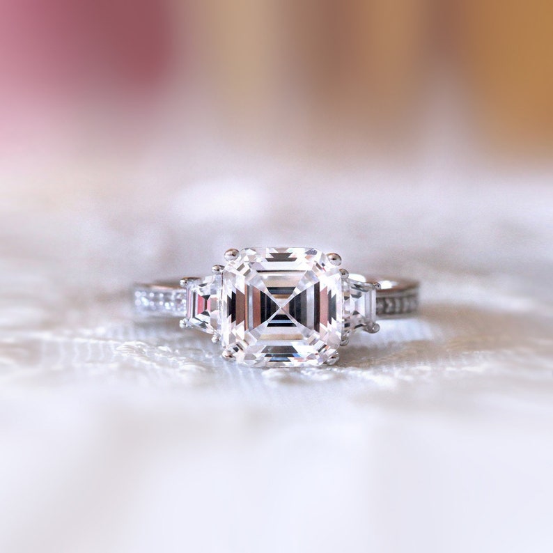 Three Stone Asscher Cut Diamond Ring Asscher Cut Engagement - Etsy