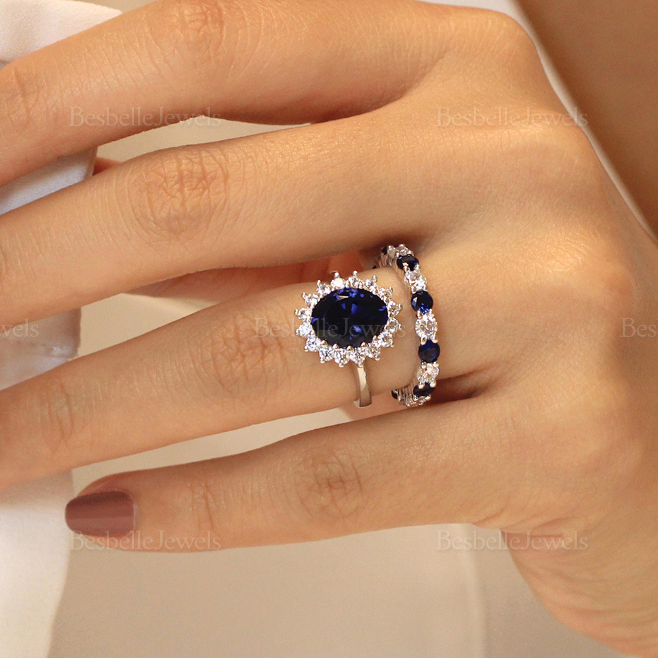 Ocean Blue Ring Set - Mix Color Halo Bridal Set Ring - Blue Oval Cut ...