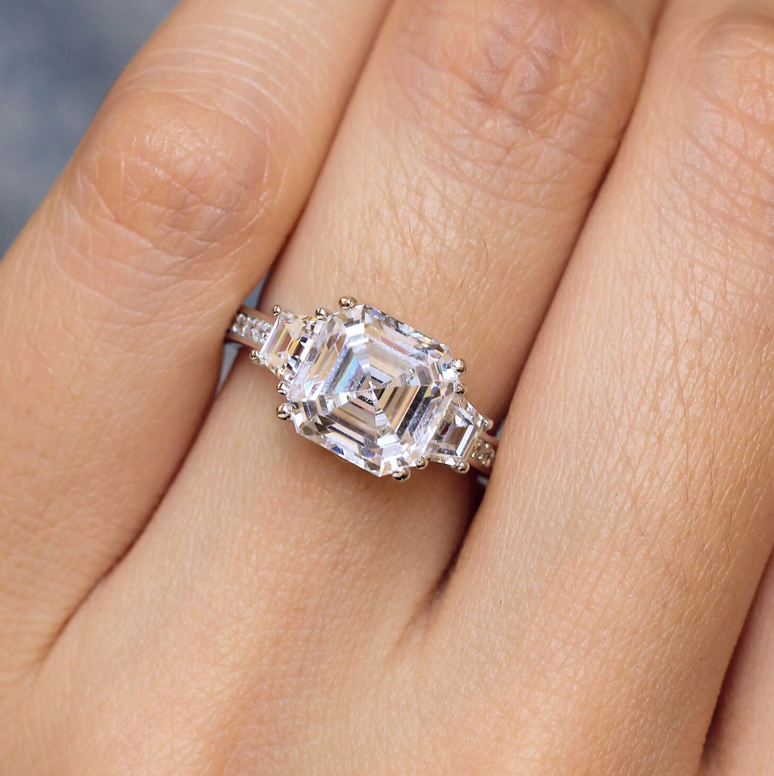 Three Stone Asscher Cut Diamond Ring Asscher Cut Engagement - Etsy