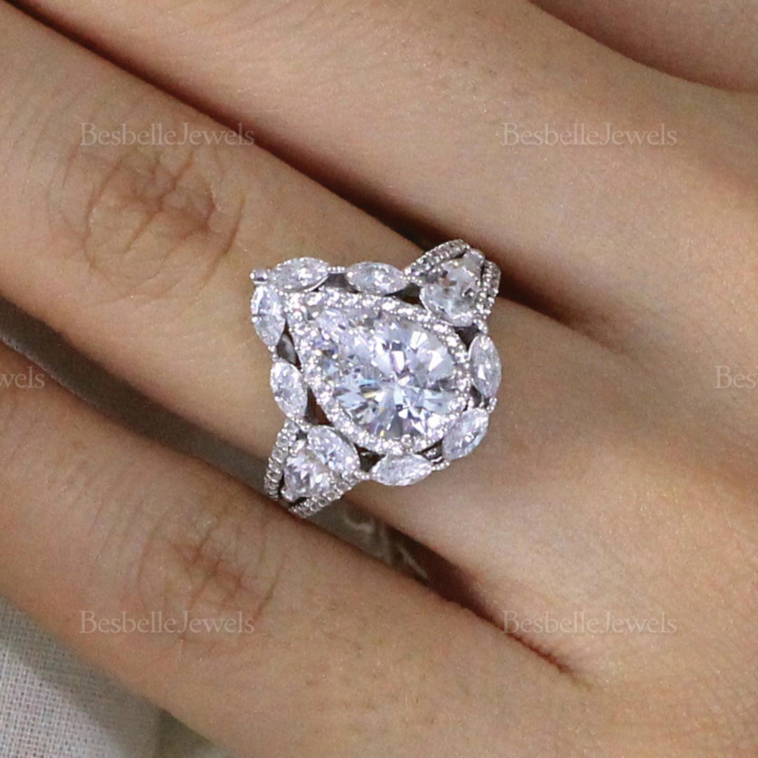 Double Pear Engagement Ring Art Deco Pear Diamond Ring Pear & Marquise ...