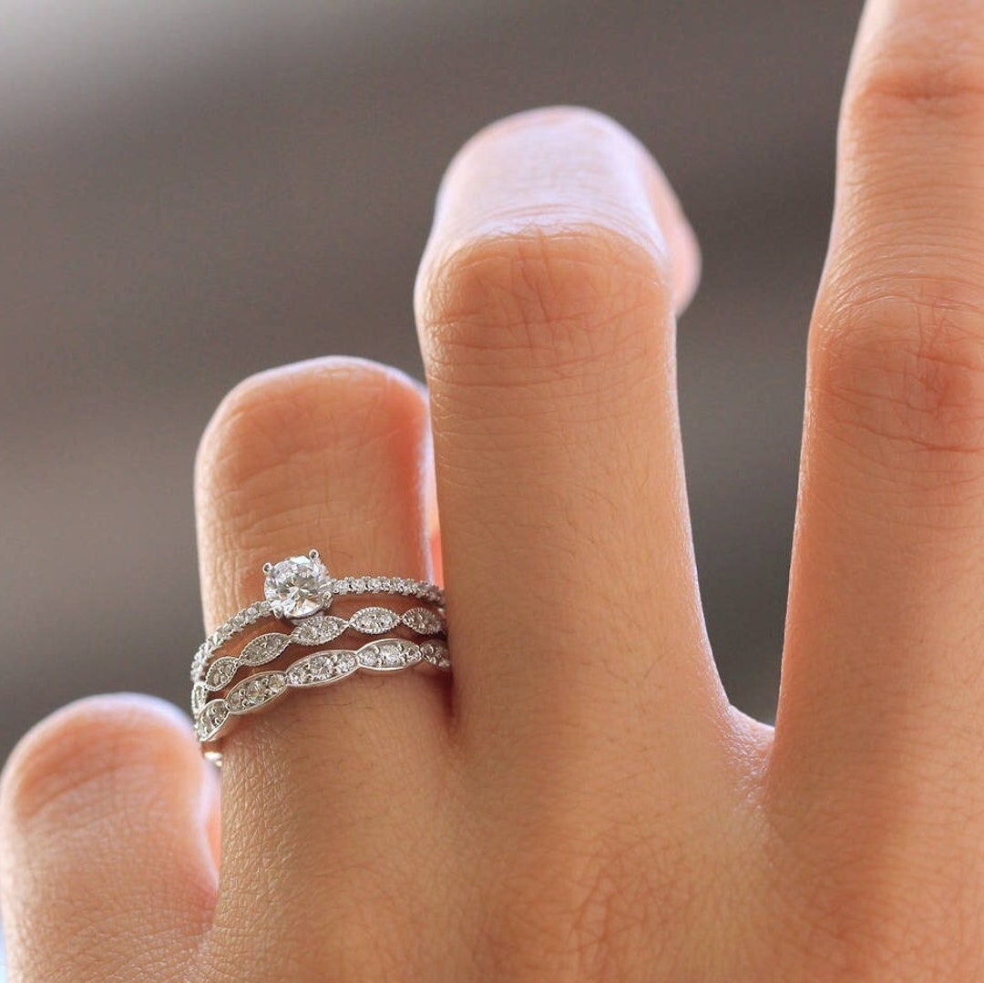 Mix Match Art Deco Bridal Set, Brilliant Cut Engagement Ring Set, All ...