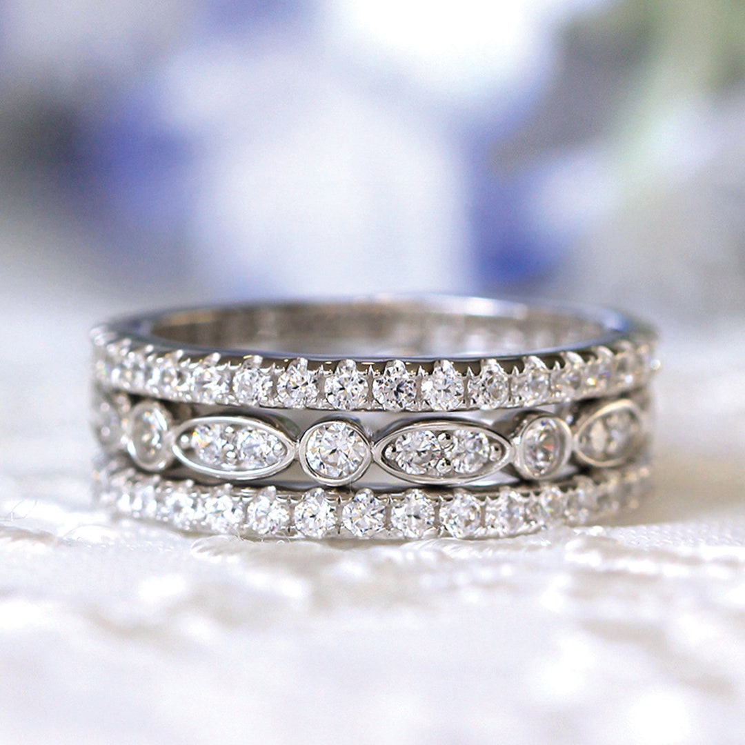 Triple Eternity Ring Stack - Vintage Round Pave Ring Set - Marquise ...