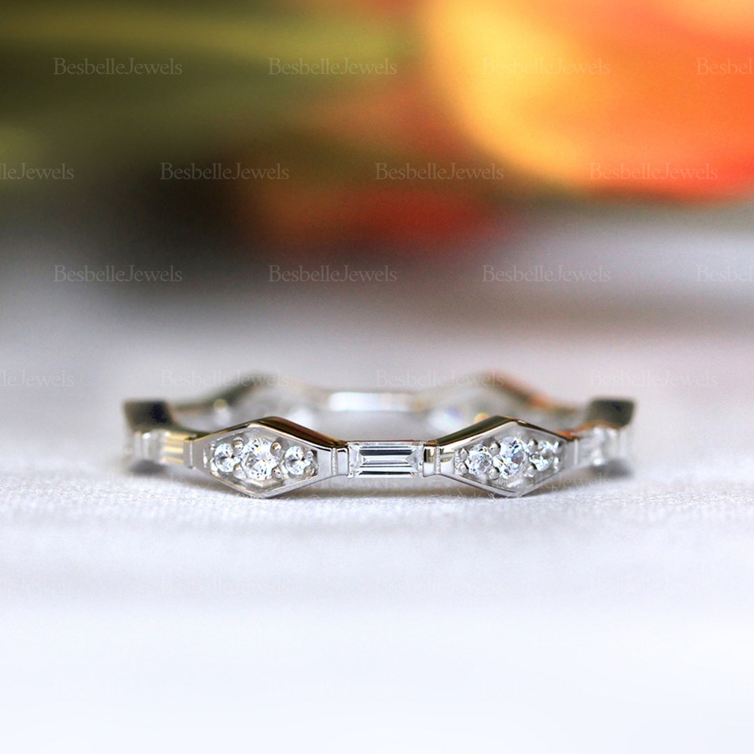 Unique Vintage Art Deco Eternity Ring - Baguette & Brilliant Cut Stackable Band - Baguette Cut ...