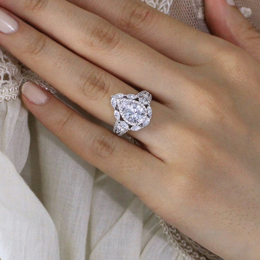 Double Pear Engagement Ring Art Deco Pear Diamond Ring Pear & Marquise ...