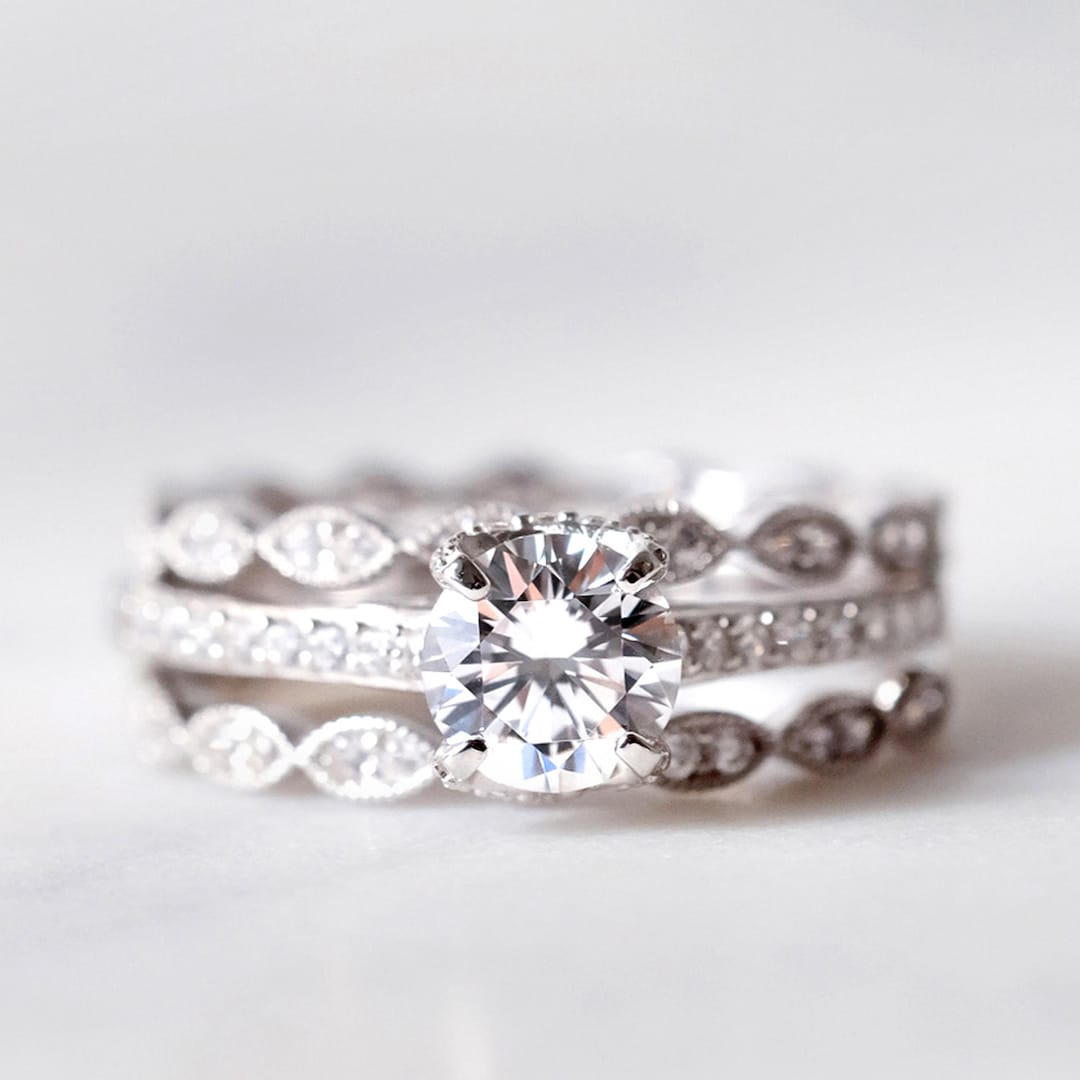 Minimalist Art Deco Ring Stacking Set - Dainty Three Piece Bridal Set ...