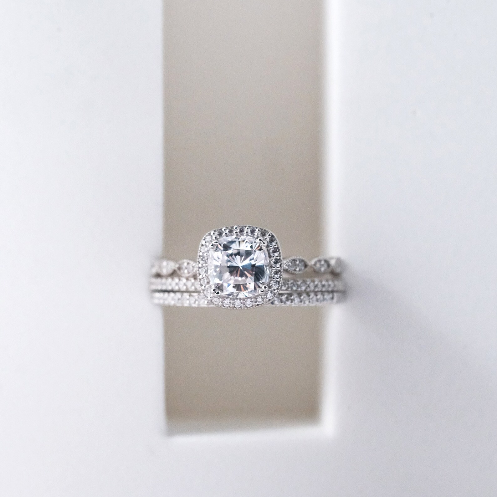 Three Piece Cushion Cut Bridal Set Art Deco Cushion Cut Halo - Etsy