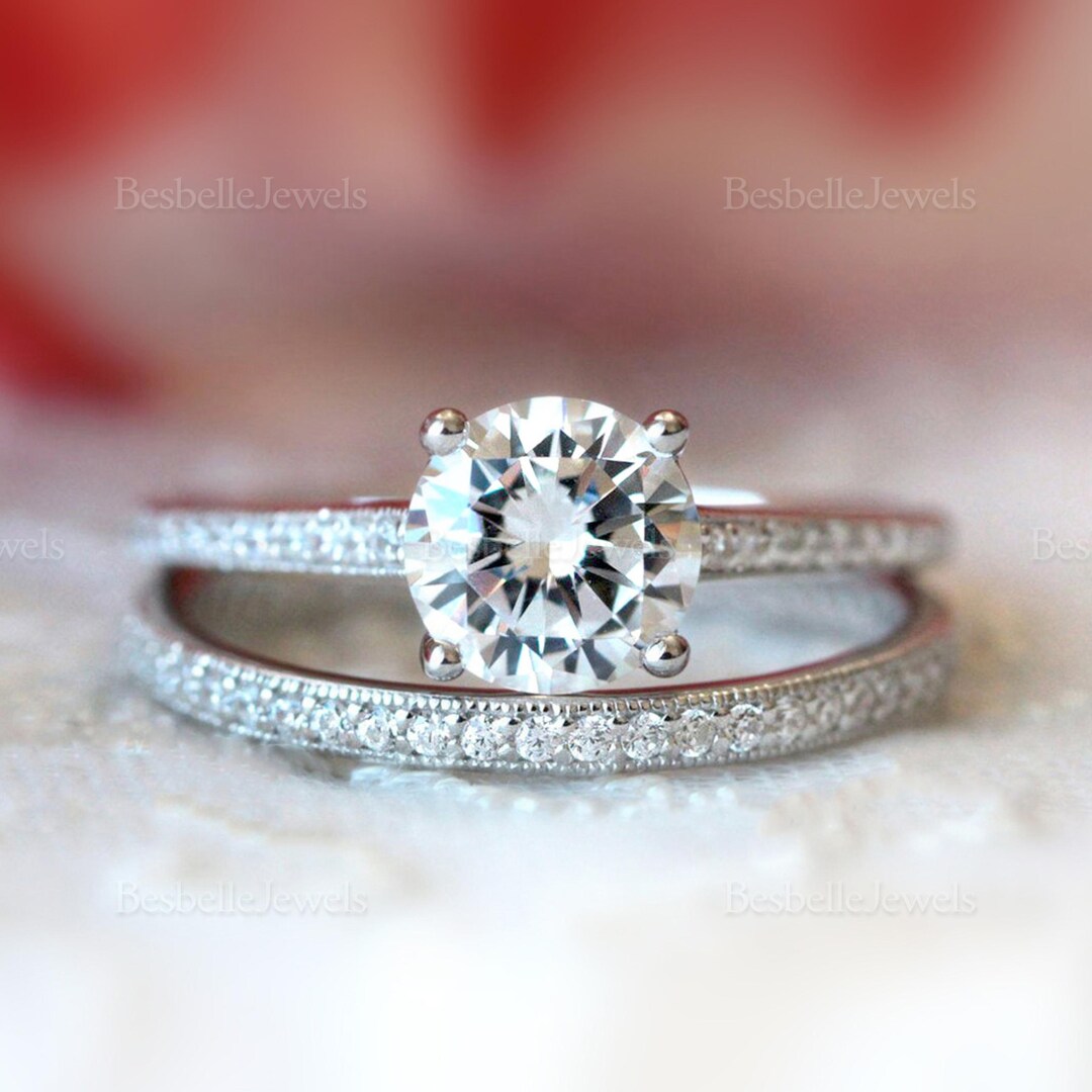 Milgrain Solitaire Bridal Ring Set - Vintage Style Engagement Ring Set ...