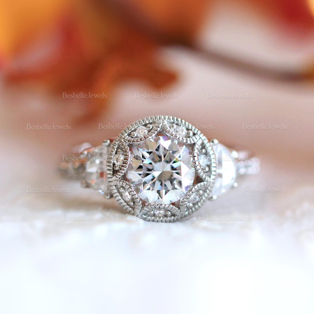 Vintage Art Deco Round Engagement Ring / Round Brilliant Cut Half Moon ...