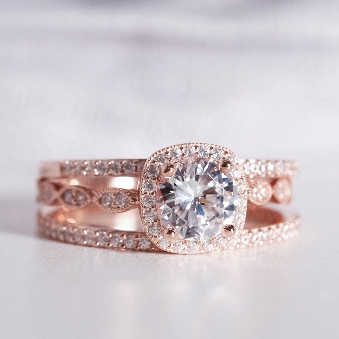 2.35 Cttw Art Deco Bridal Ring Set - Round Halo Engagement Ring W/ Two ...