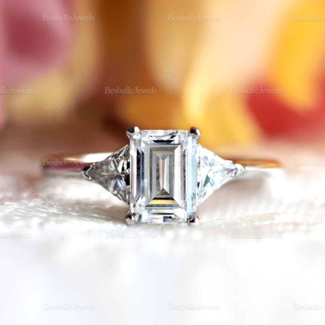 Trapeze Three Stone Engagement Ring - Vintage Emerald Engagement Ring ...