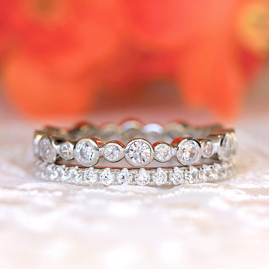Bubble Bezel & Round Pave Eternity Stackable Ring Set - Bezel Ring ...