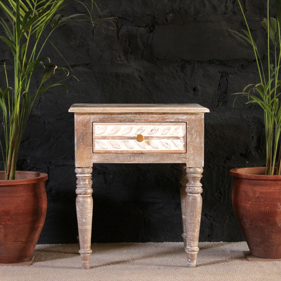 Solid Wood Nightstand | Distressed Indian End Table With Drawer | Two ...