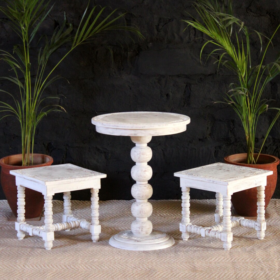 Wooden Coffee Table With Set of 2 Stools, Mini Tea Table With Small ...