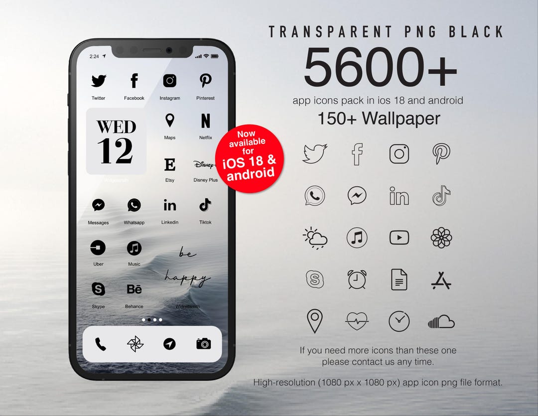 5600+ Black Transparent App Icons: Ios & Android Theme (PNG Digital ...