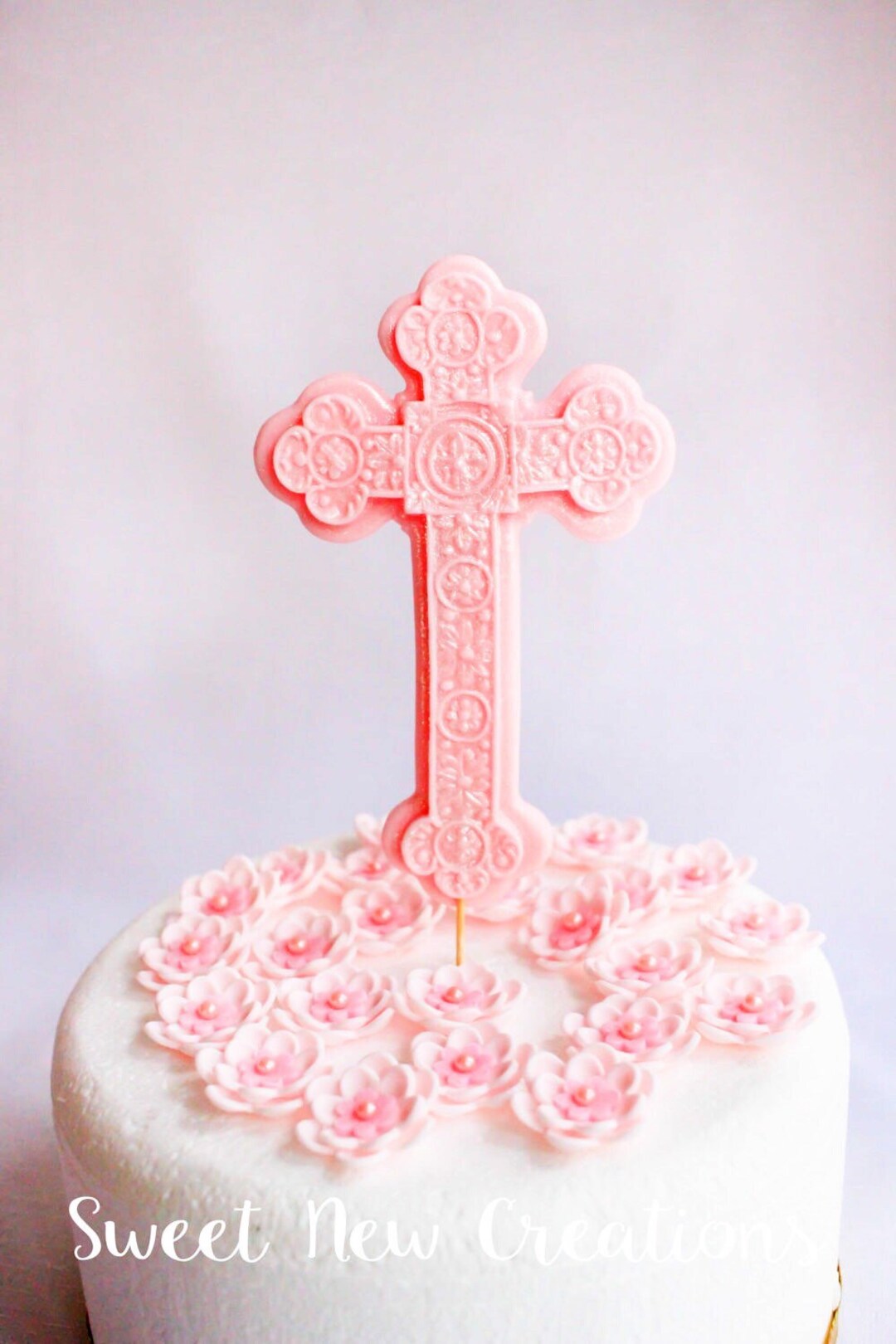 Fondant Cross Cake Topper/ Pink Baptism Cake Topper/ Fondant Flowers ...
