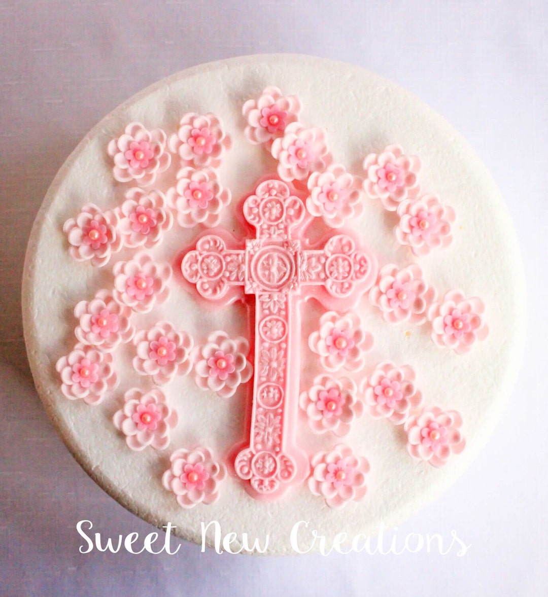 Fondant Cross Cake Topper/ Baptism Cake Topper/ Edible Flowers/ Fondant ...