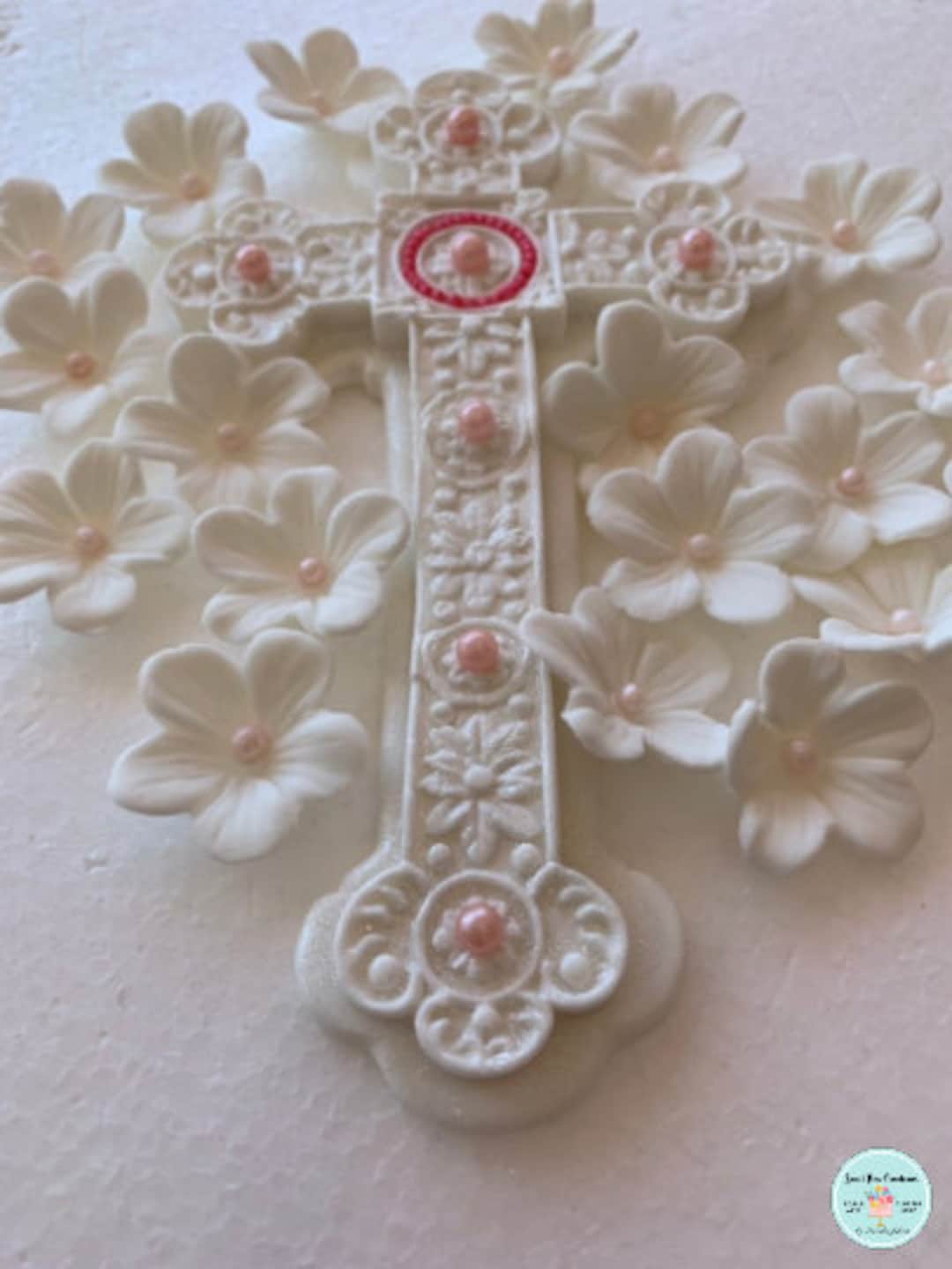 Fondant Cross Cake Topper Edible Fondant Flowers 19pcs Set Baptism Cake ...