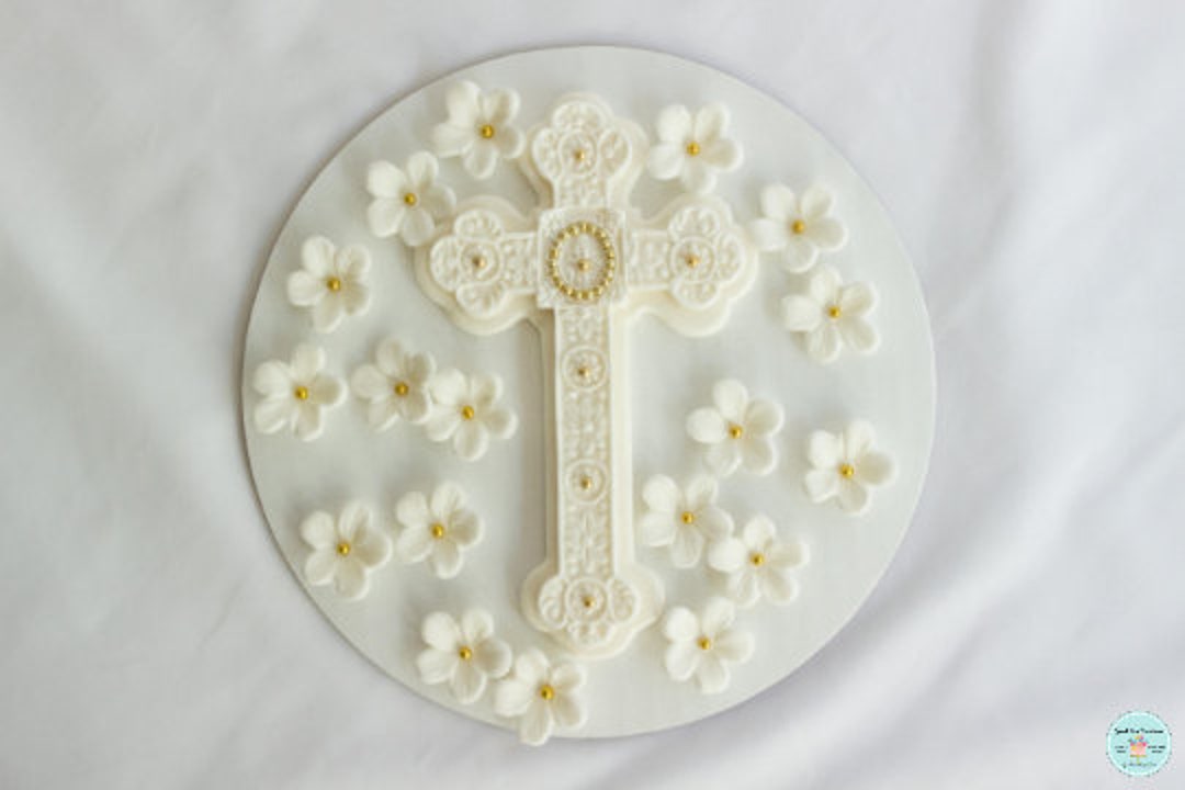 Fondant Cross Cake Topper Edible Fondant Flowers 19pcs Set Baptism Cake ...