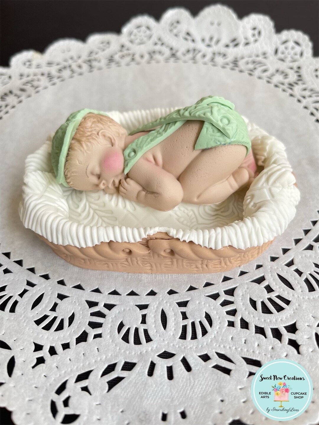 Picnic Baby Shower Cake Topper Boy in Sage Green Jumper Baby on Basket ...